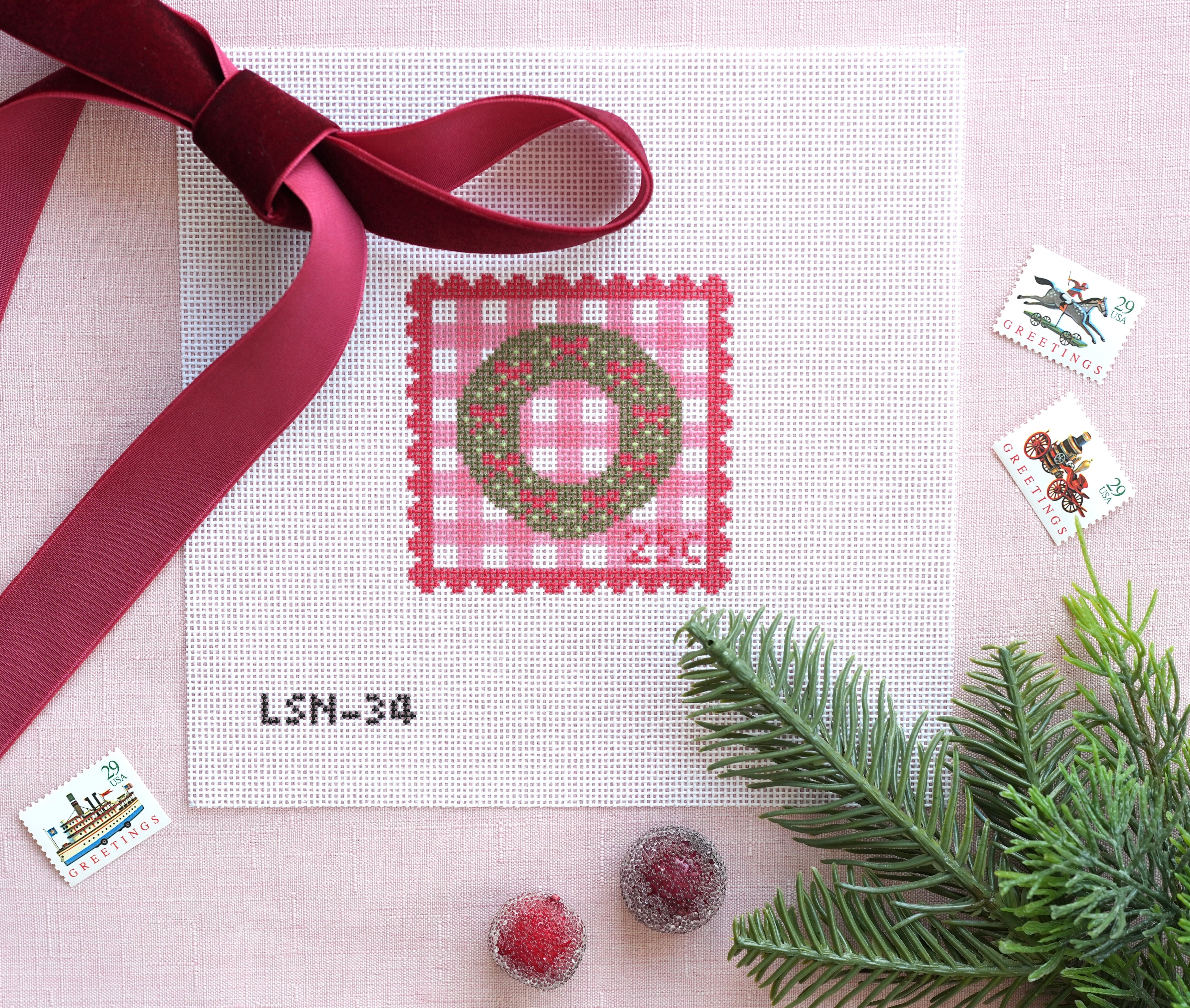 Pink Holiday Wreath Postage Stamp – Lake Shore Needlepoint